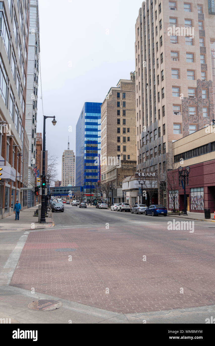 View of downtown Milwaukee, Wisconsin, USA, corner of W. Wisconsin ...