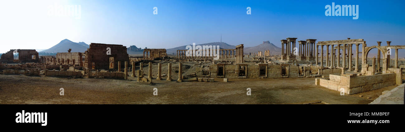 Panorama of Palmyra columns and ancient city, destroyed by ISIS, Syria ...
