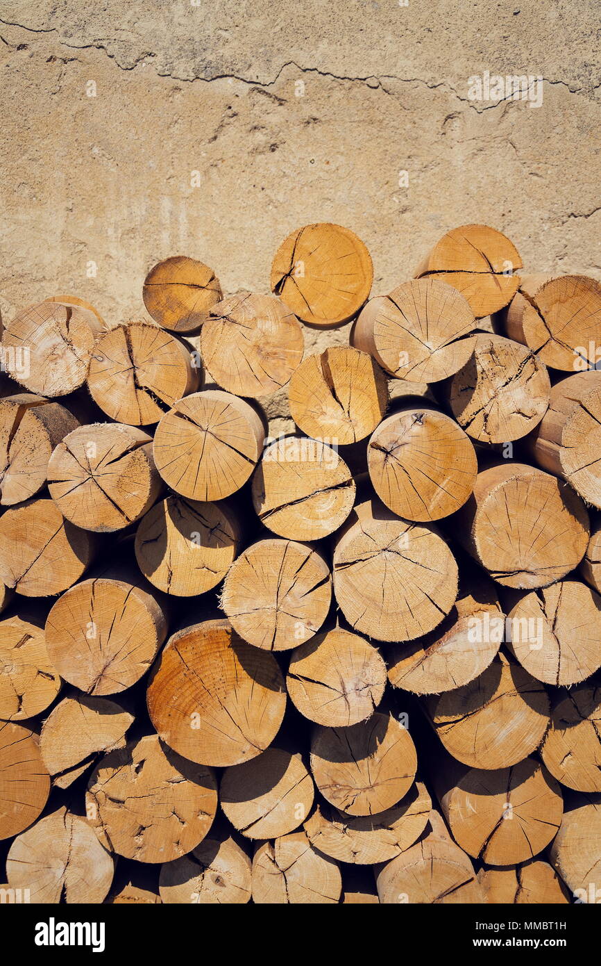 Pile of worked wooden roundish clear beautiful logs, stacked firewood ...