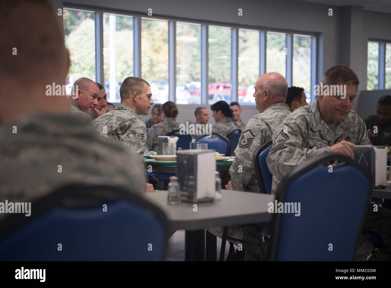Airmen from the 130th Airlift Wing sit down for lunch in the newly ...