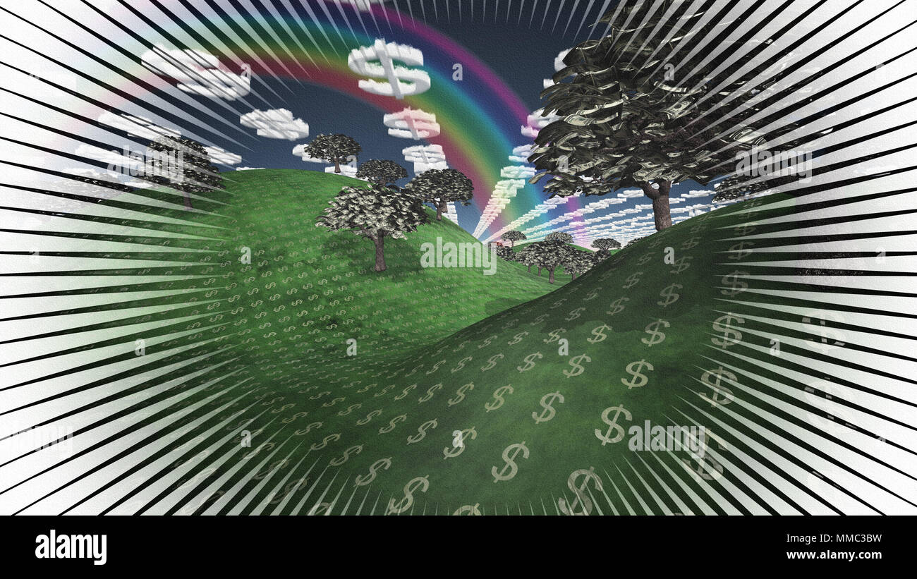 Surreal digital art. Landscape with currency elements. Trees with ...