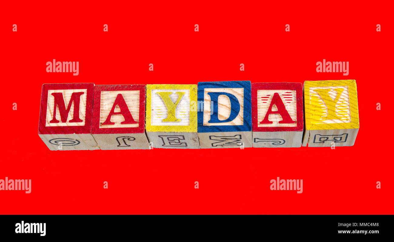The phrase mayday visually displayed on a red background using colorful ...