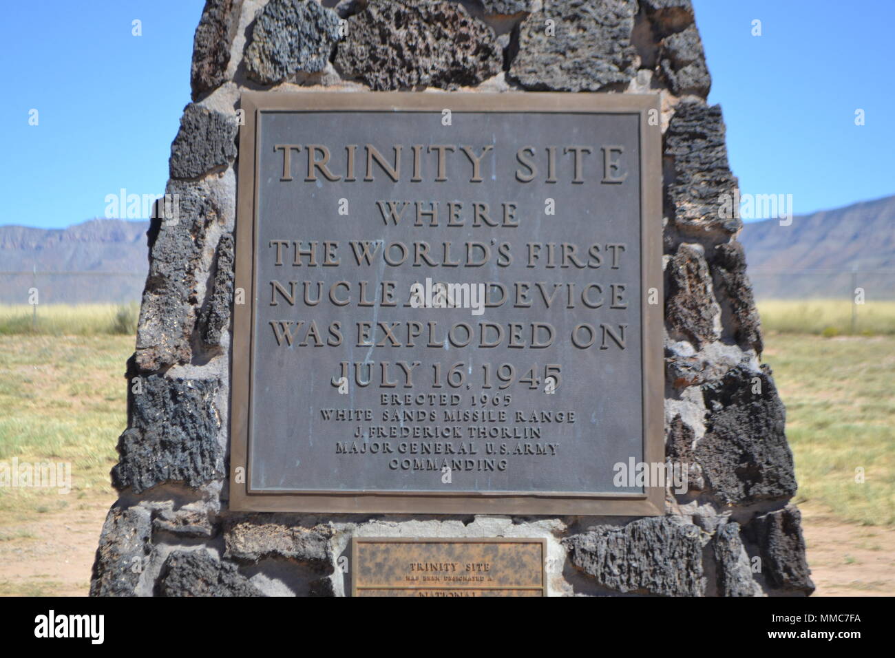 The plaque on the obelisk that marks ground zero at the Trinity Site ...