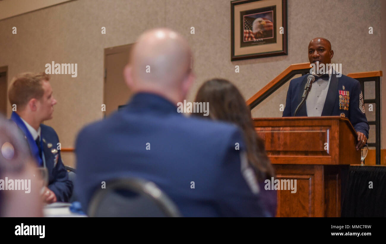 Chief Master Sgt. of the Air Force Kaleth O. Wright speaks to Airmen during a Senior ...