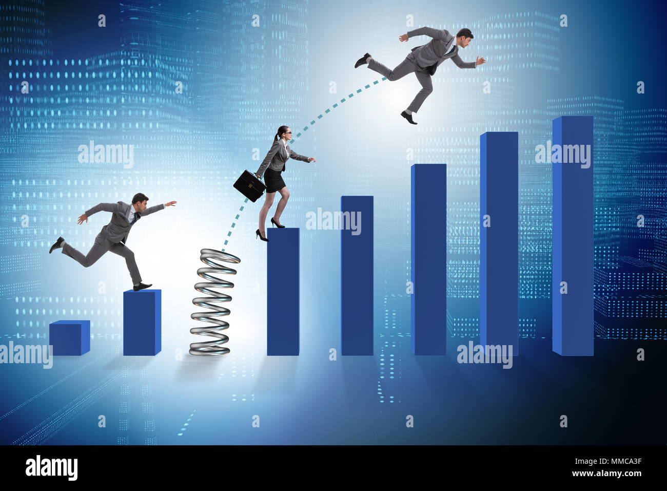 Business people jumping over bar charts Stock Photo - Alamy