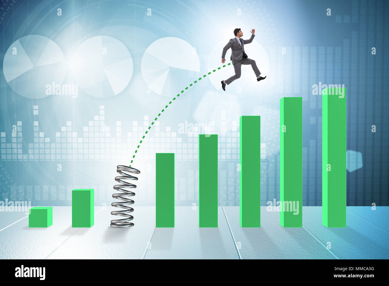 Business people jumping over bar charts Stock Photo - Alamy