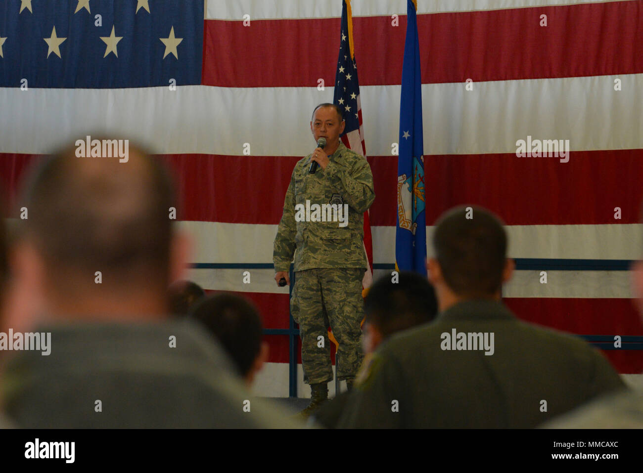 Col. John Edwards, the 28th Bomb Wing commander, speaks to the wing ...
