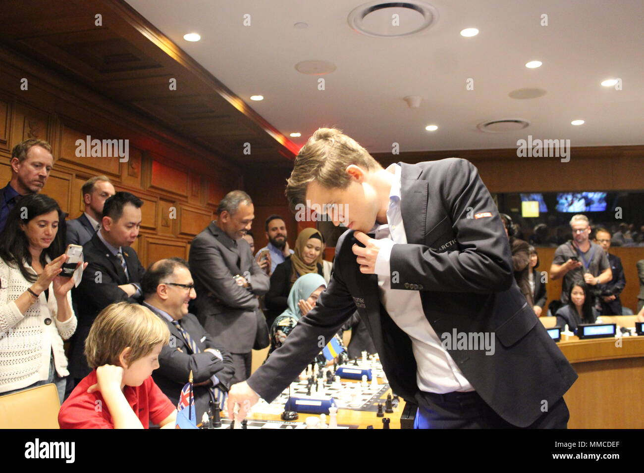 UN, New York, USA. 10th May, 2018. Magnus Carlsen, world chess champion ...