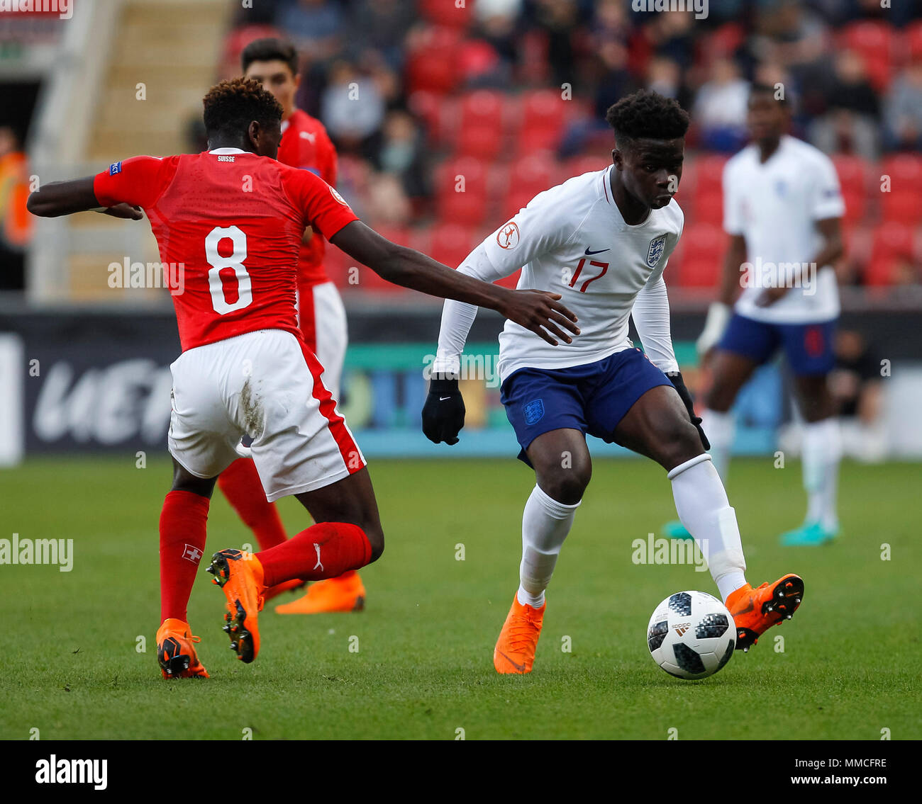 Burton upon Trent, UK. 10th May 2018. Bukayo Saka of England and ...