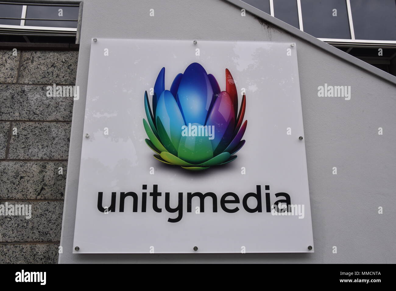 10 May 2018, Germany, Cologne: The logo of cable company Unitymedia, a ...
