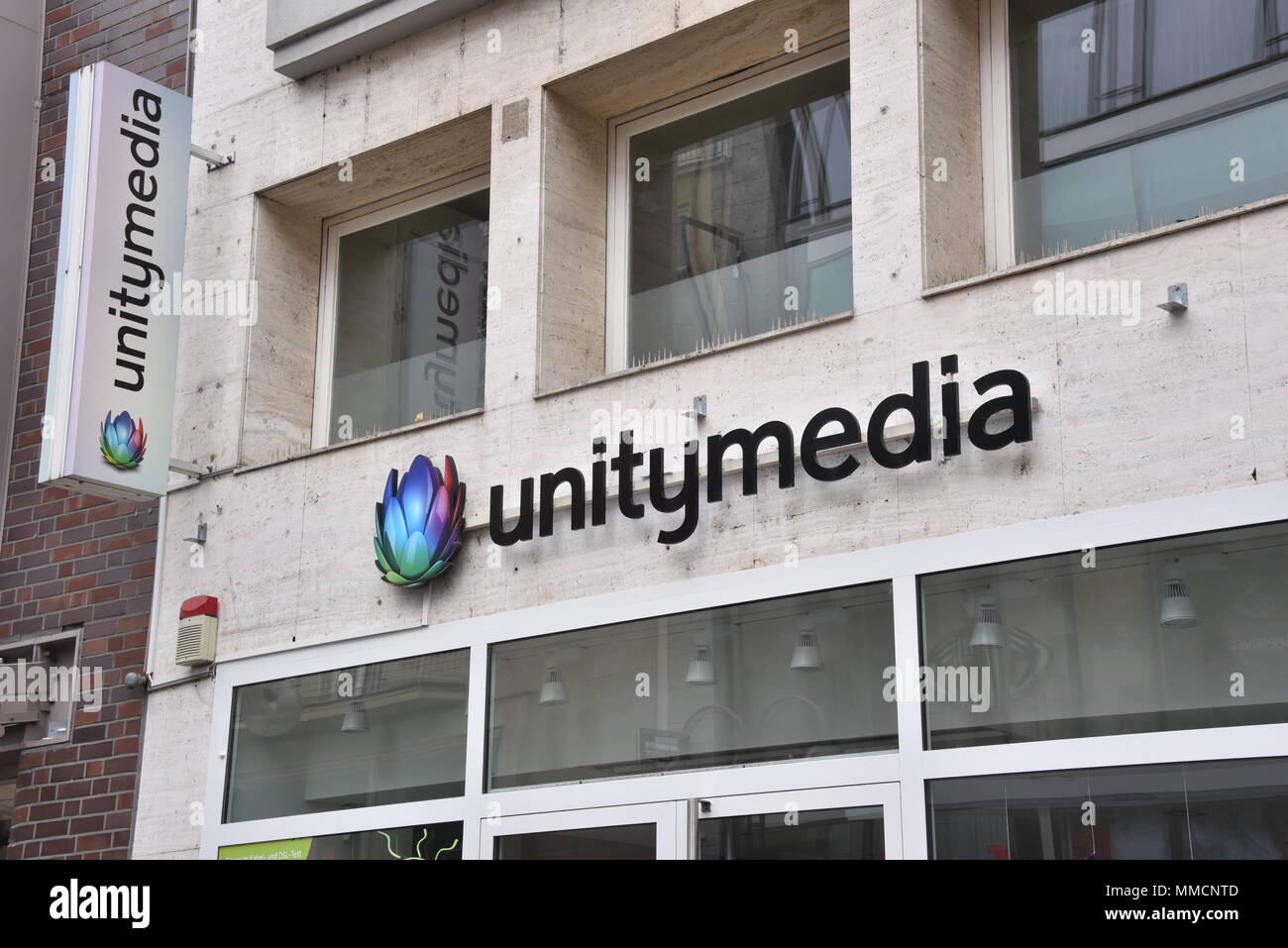 10 May 2018, Germany, Cologne: The logo of cable company Unitymedia, a ...