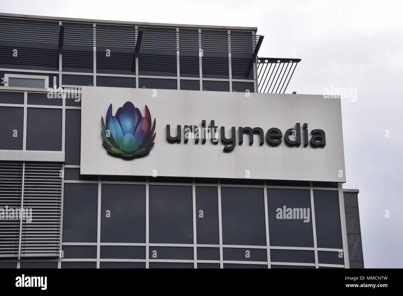 10 May 2018, Germany, Cologne: The logo of cable company Unitymedia, a ...