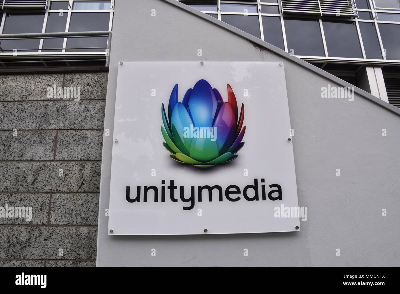 10 May 2018, Germany, Cologne: The logo of cable company Unitymedia, a ...