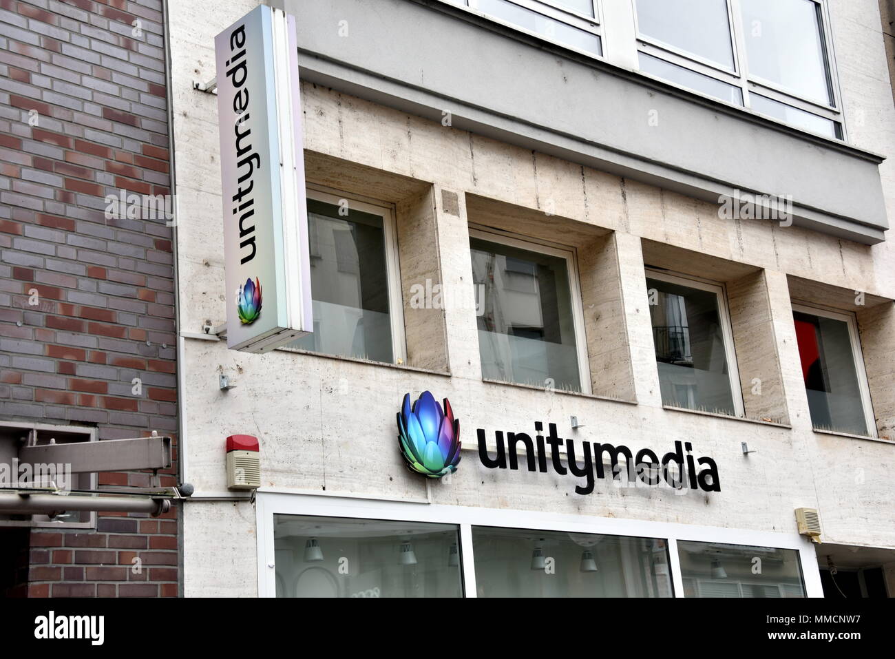10 May 2018, Germany, Cologne: The logo of cable company Unitymedia, a ...