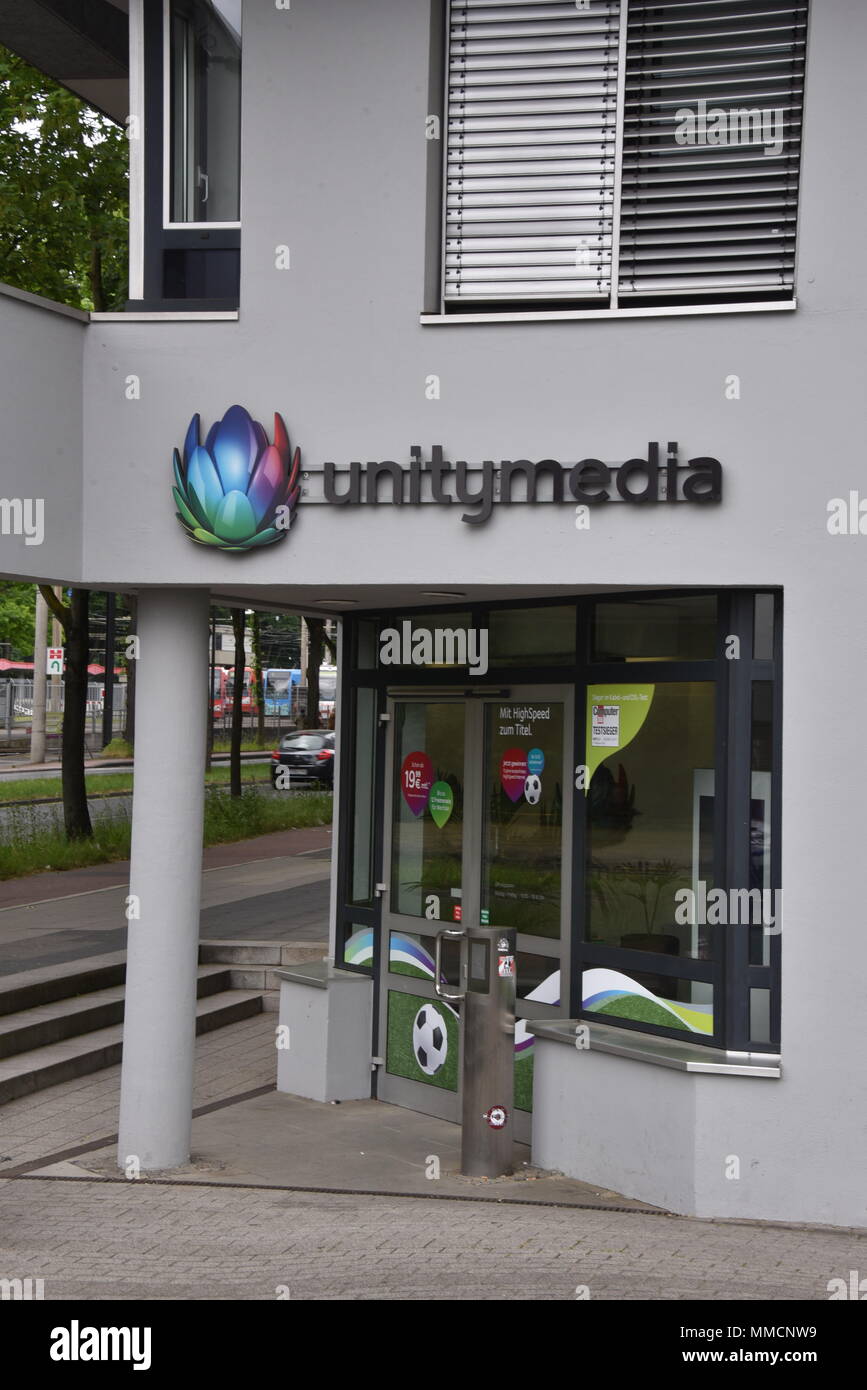 10 May 2018, Germany, Cologne: The logo of cable company Unitymedia, a ...