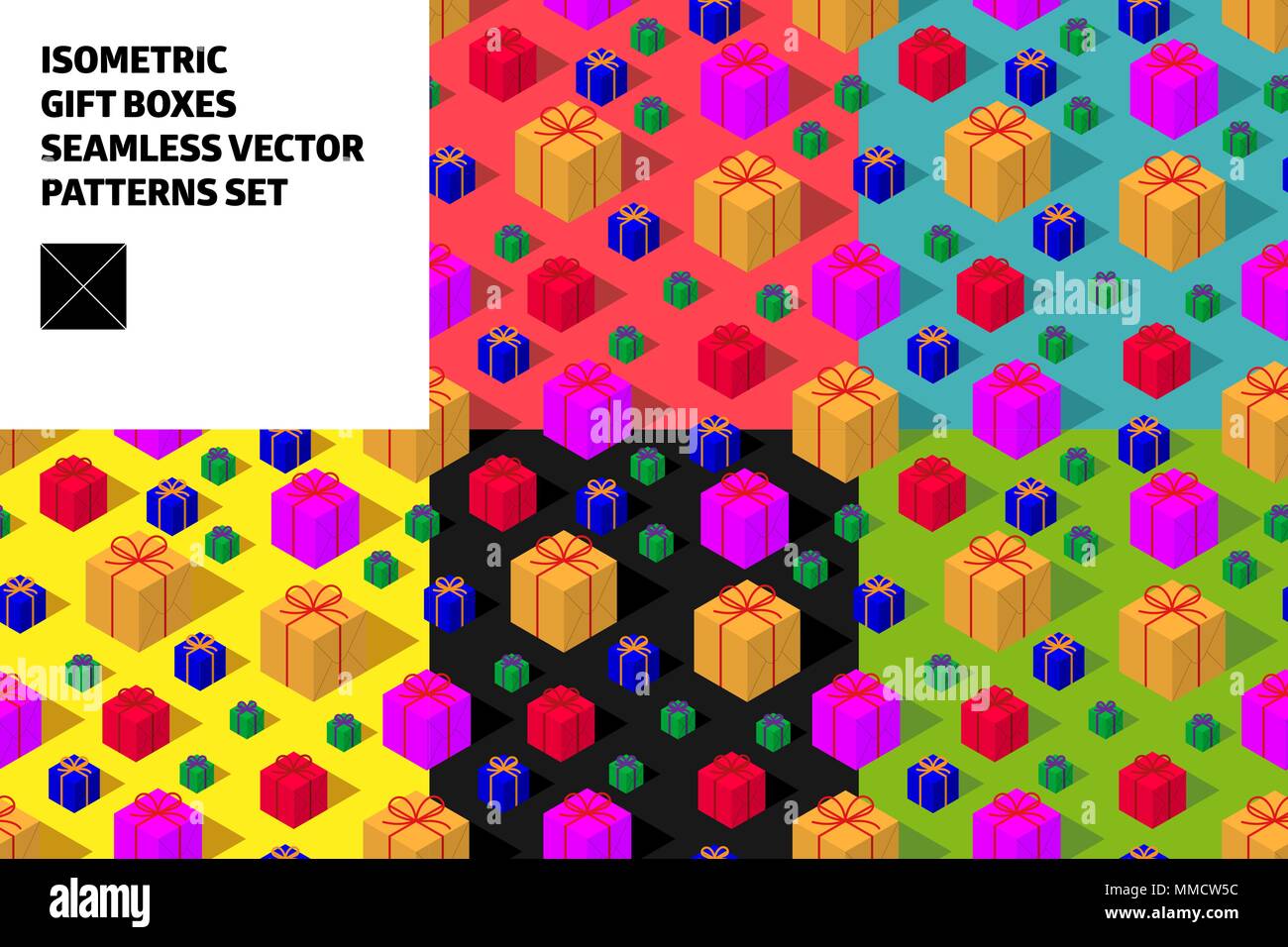 Isometric different colors gift box seamless pattern vector set on red ...