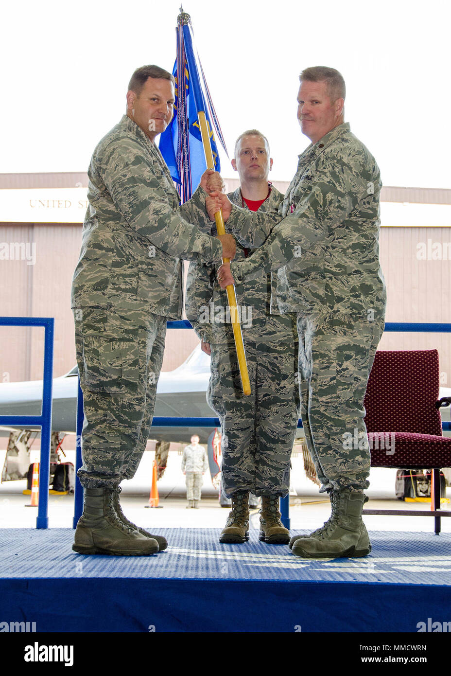 Maj. Chad Larson (right) receives the guidon for the 131st Aircraft ...