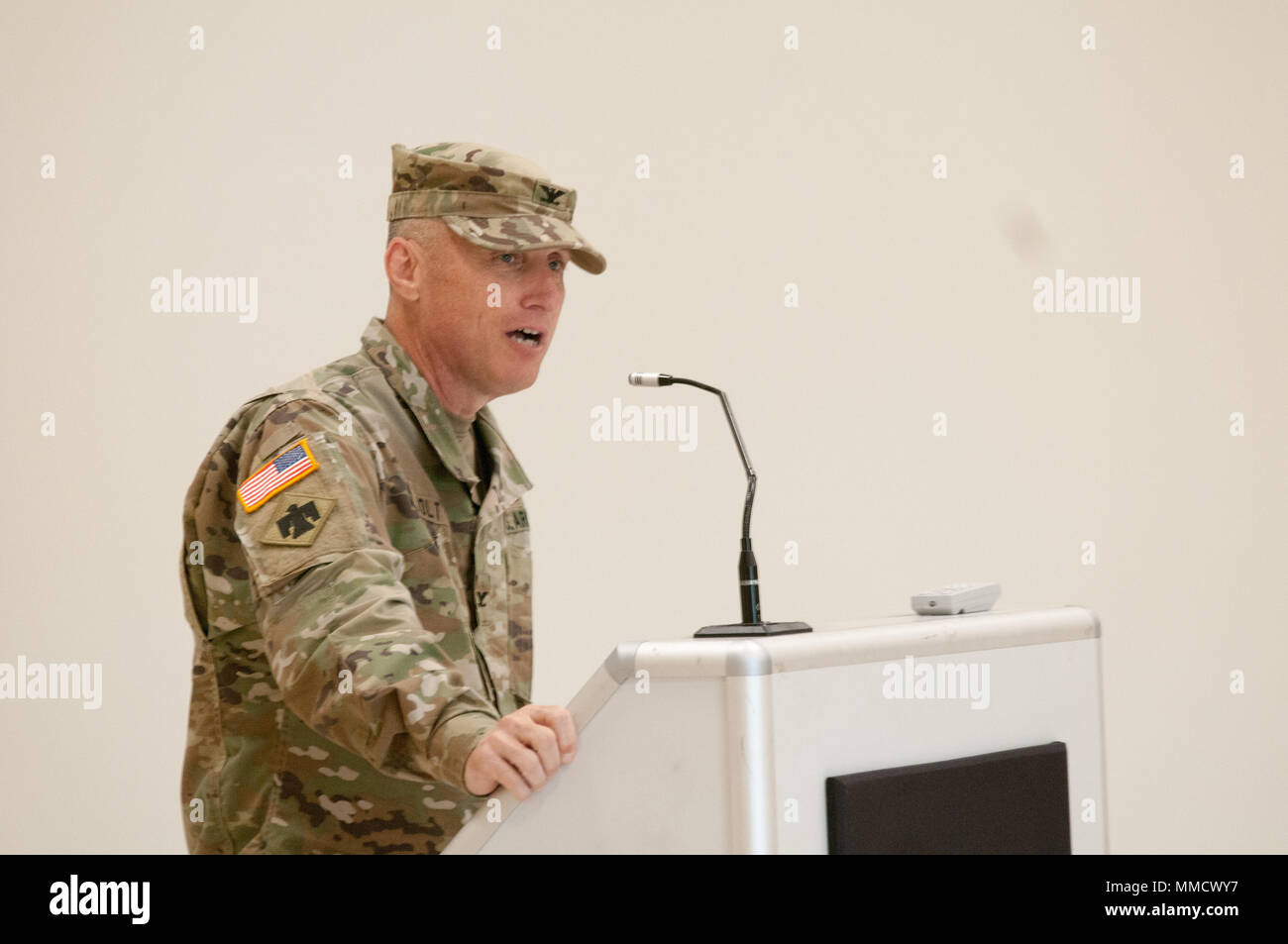 Incoming commander, Col. Elmore Holt, addresses Soldiers during the ...