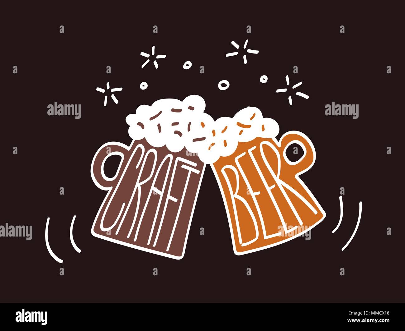 Two clink glasses mug of craft beer with foam. Inverse vector ...