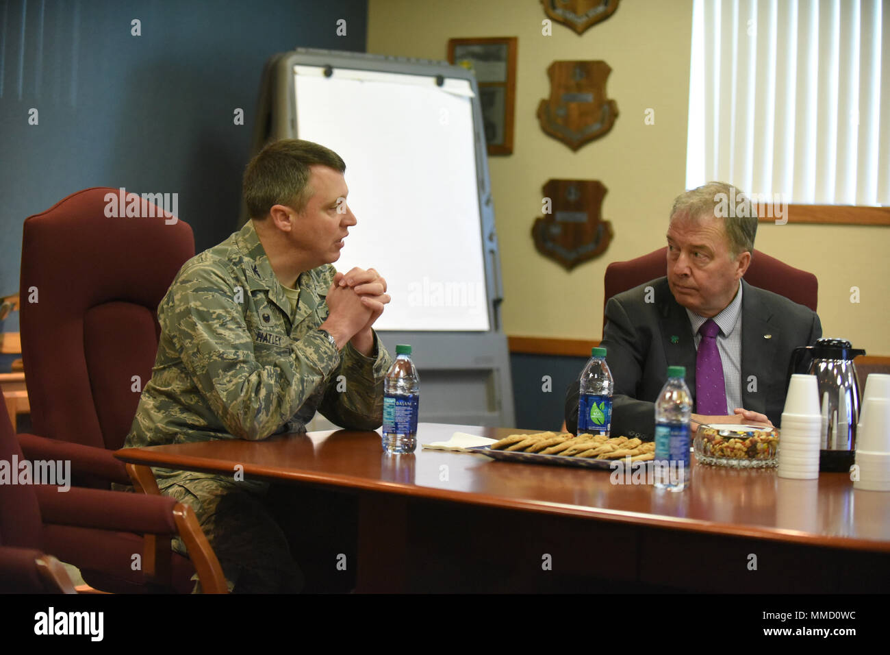 Col. Britt Hatley, the 119th Wing commander, left, visits with Fargo, N ...