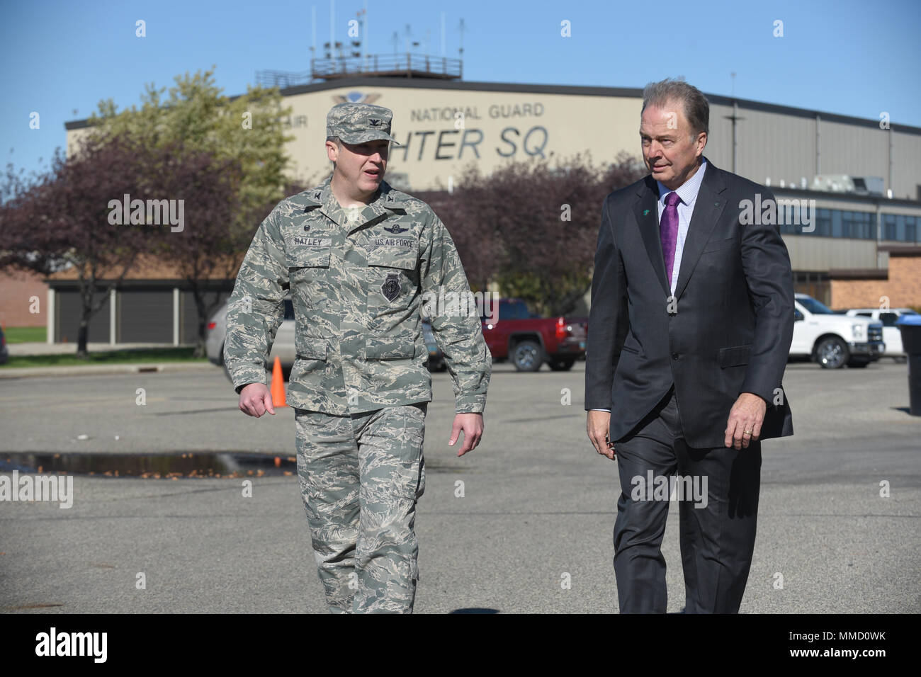 Col. Britt Hatley, the 119th Wing commander, left, visits with Fargo, N ...