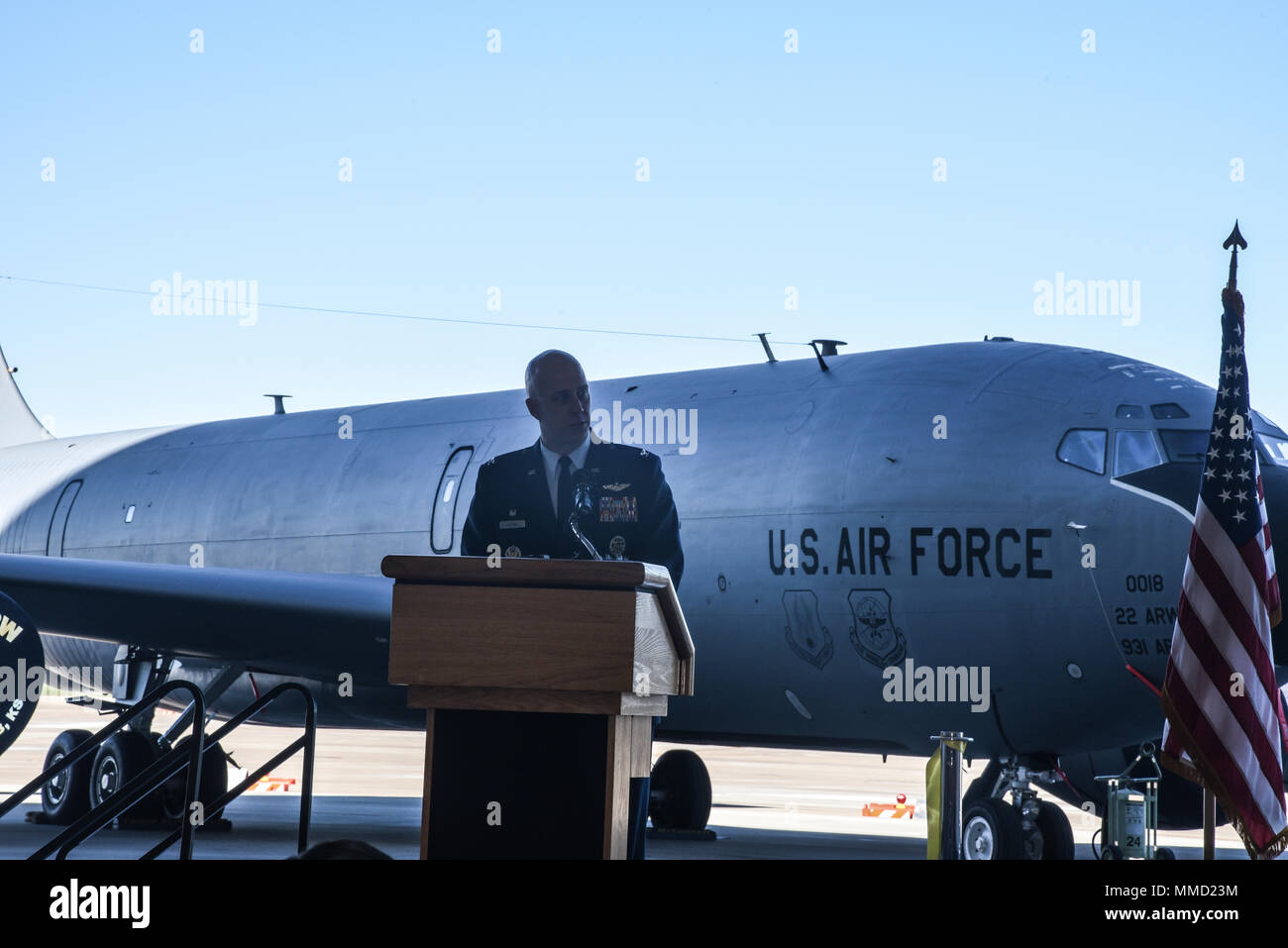 Col. Josh Olson, 22nd Air Refueling Wing commander, speaks at the KC-46 ...