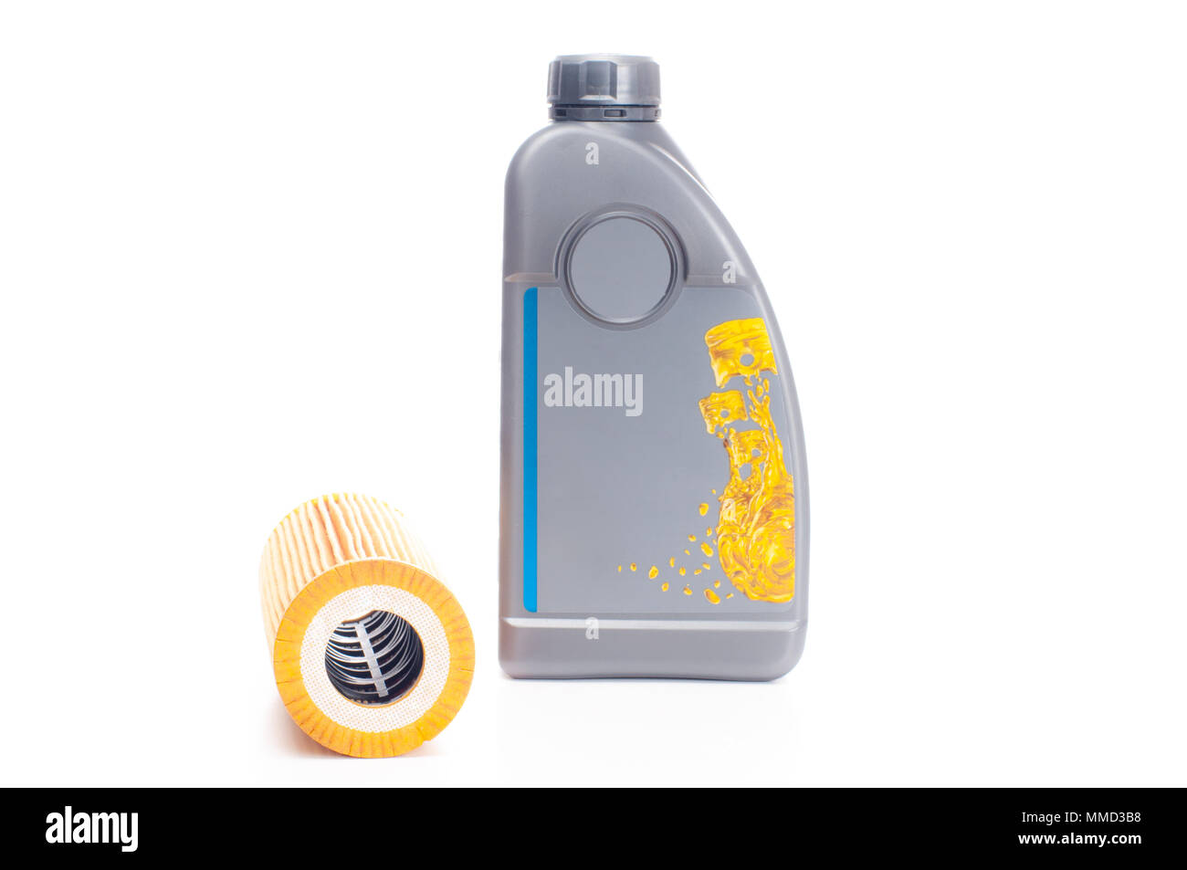 Car service, oil change. Oil filter and plastic bottle of engine oil ...