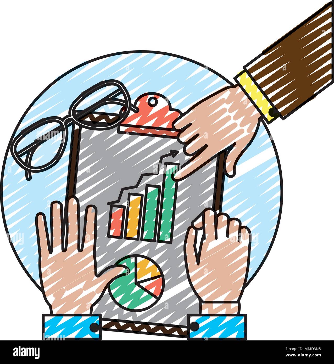 doodle businessmen hands with graphic statistics diagram and glasses ...