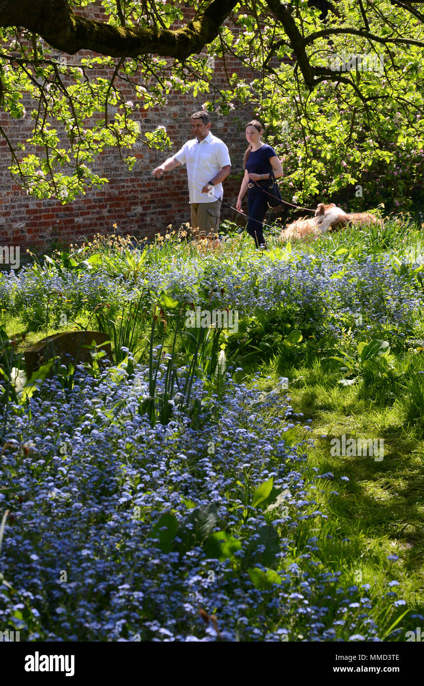 Visitors touring the gardens at Gunby Hall in Spring, Lincolnshire, UK ...