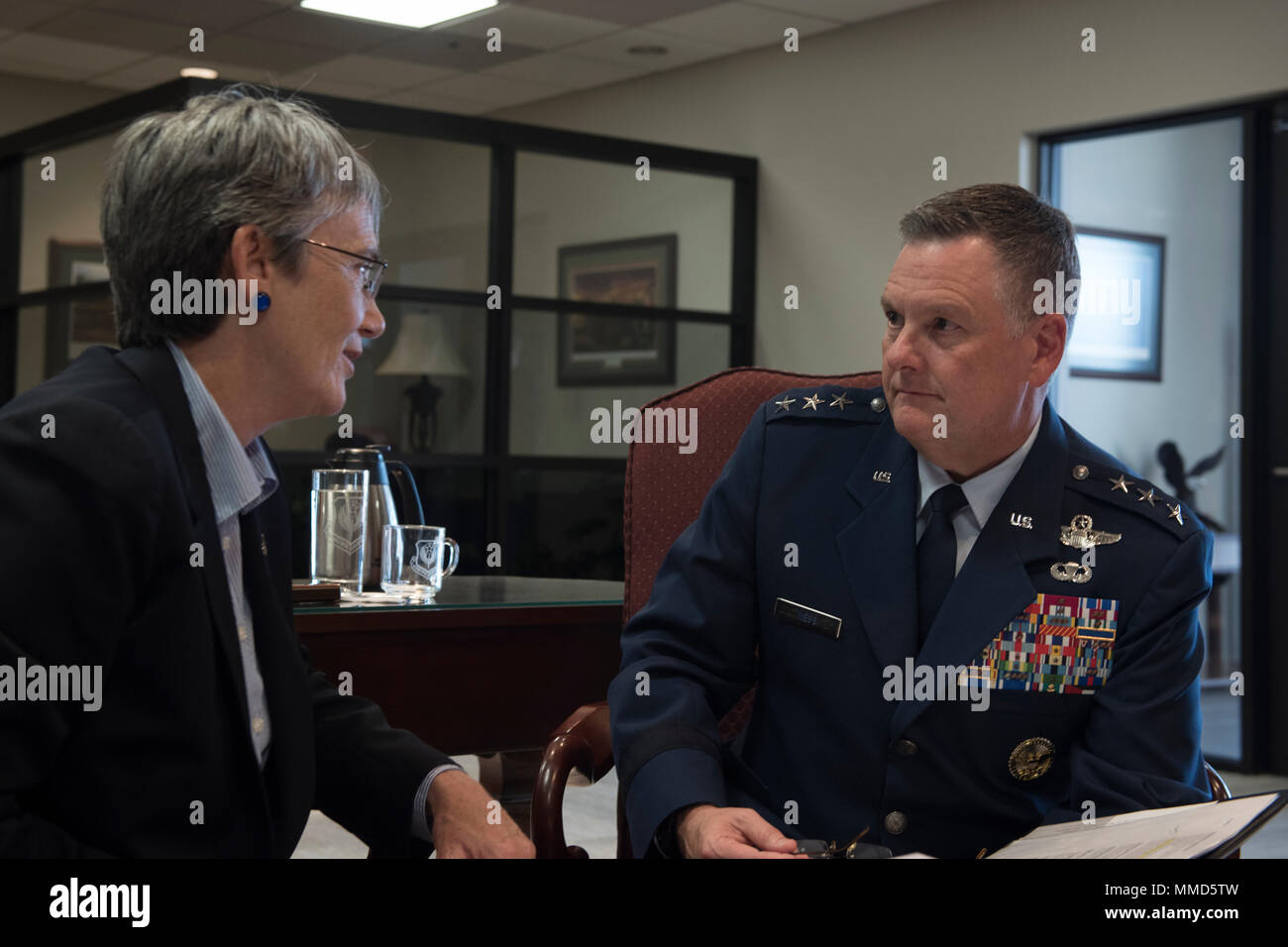 Secretary of the Air Force Heather Wilson, left, speaks to Lt. Gen ...