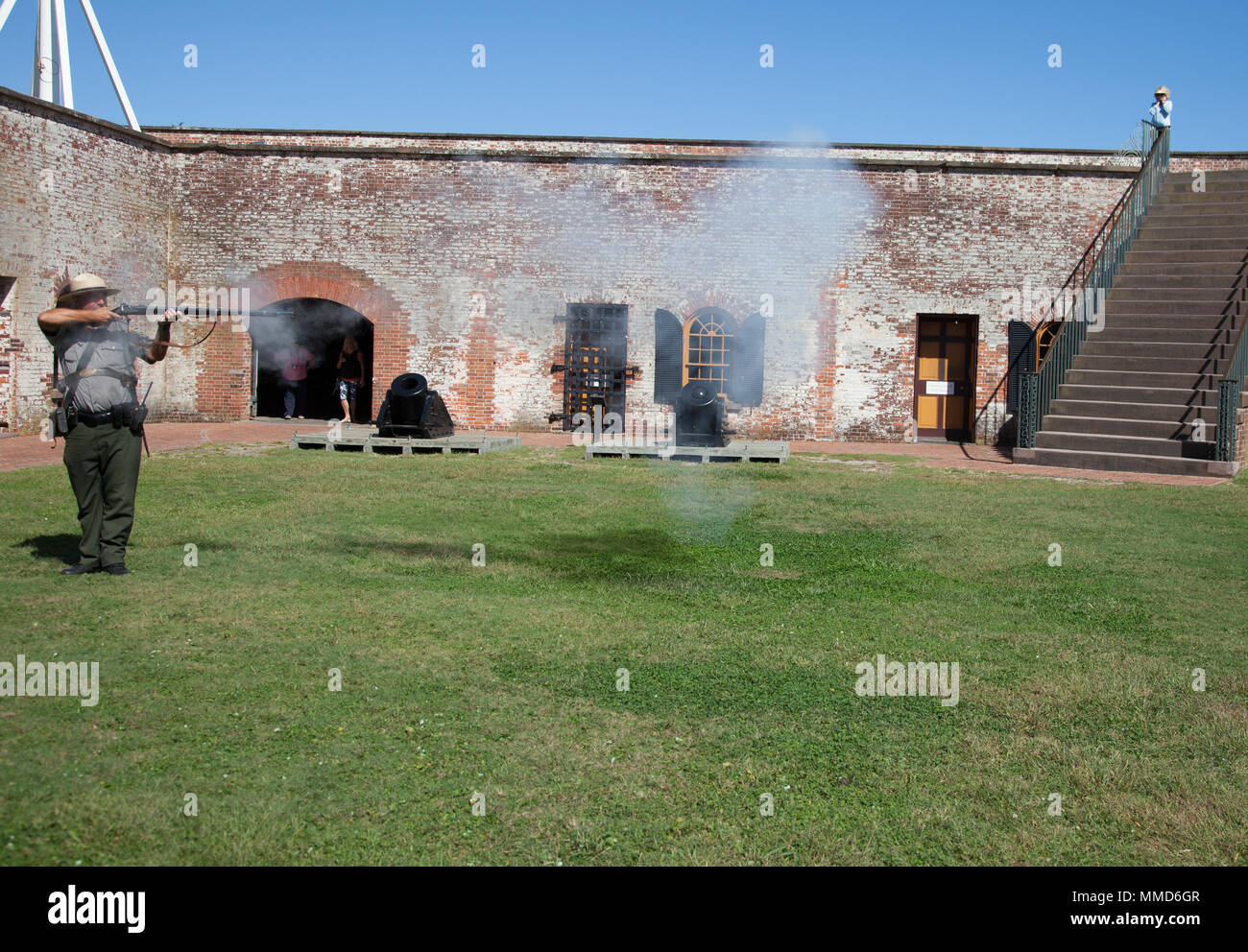 Randy Newman, park superintendent, demonstrates proper musket-firing ...