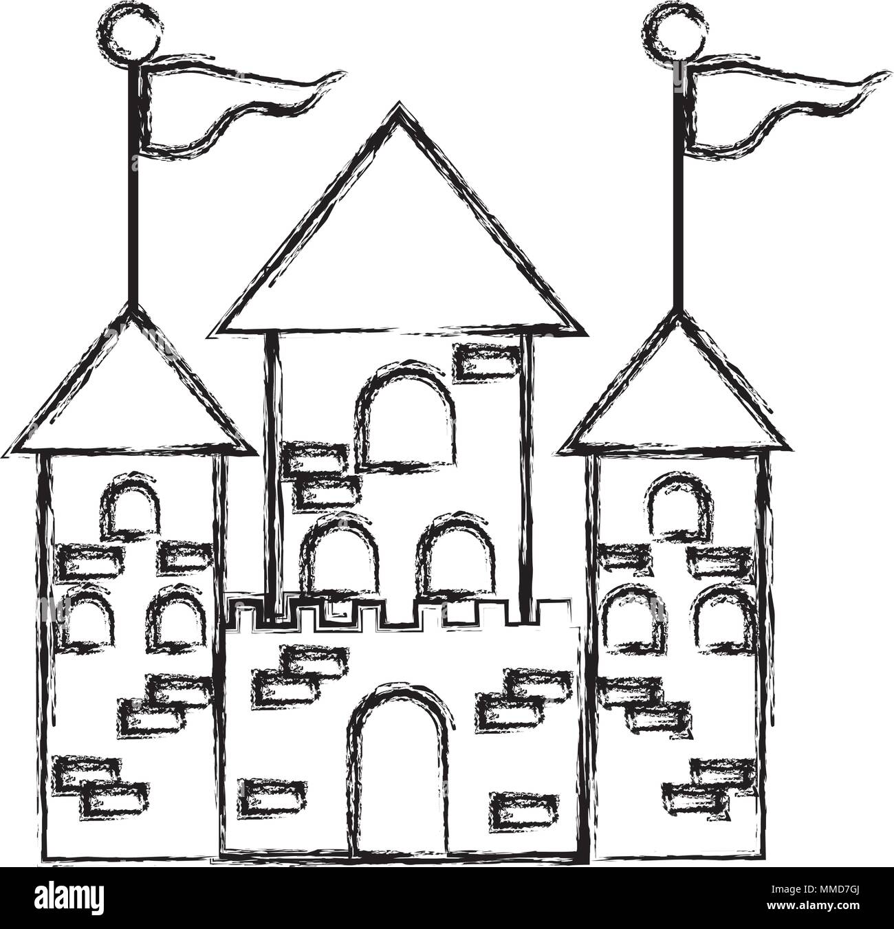 grunge medieval castle building with flags and windows Stock Vector ...
