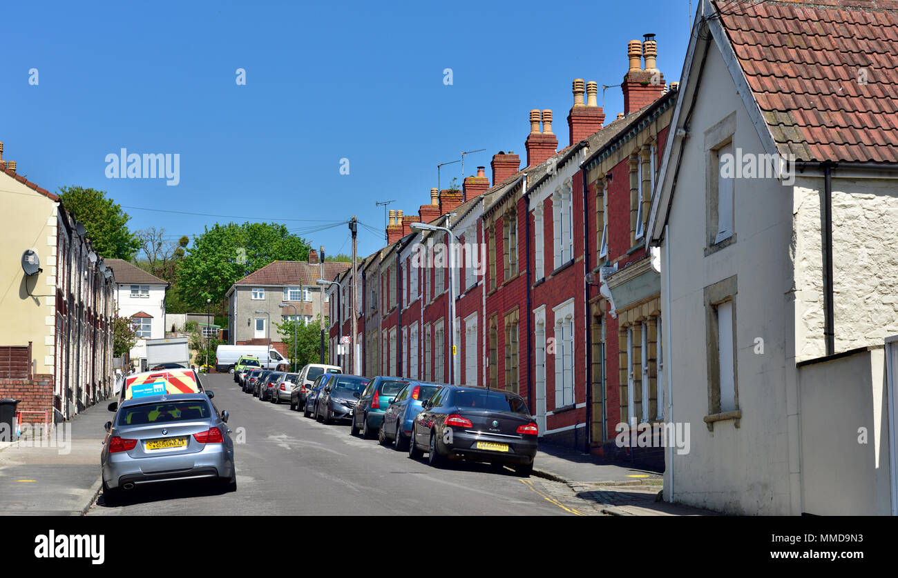 Rows of painted brick period two storey terrace houses along street in ...