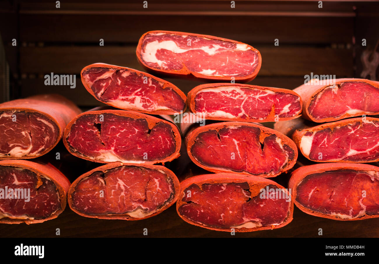 Highly seasoned, air-dried cured beef in Ottoman cuisine Stock Photo ...