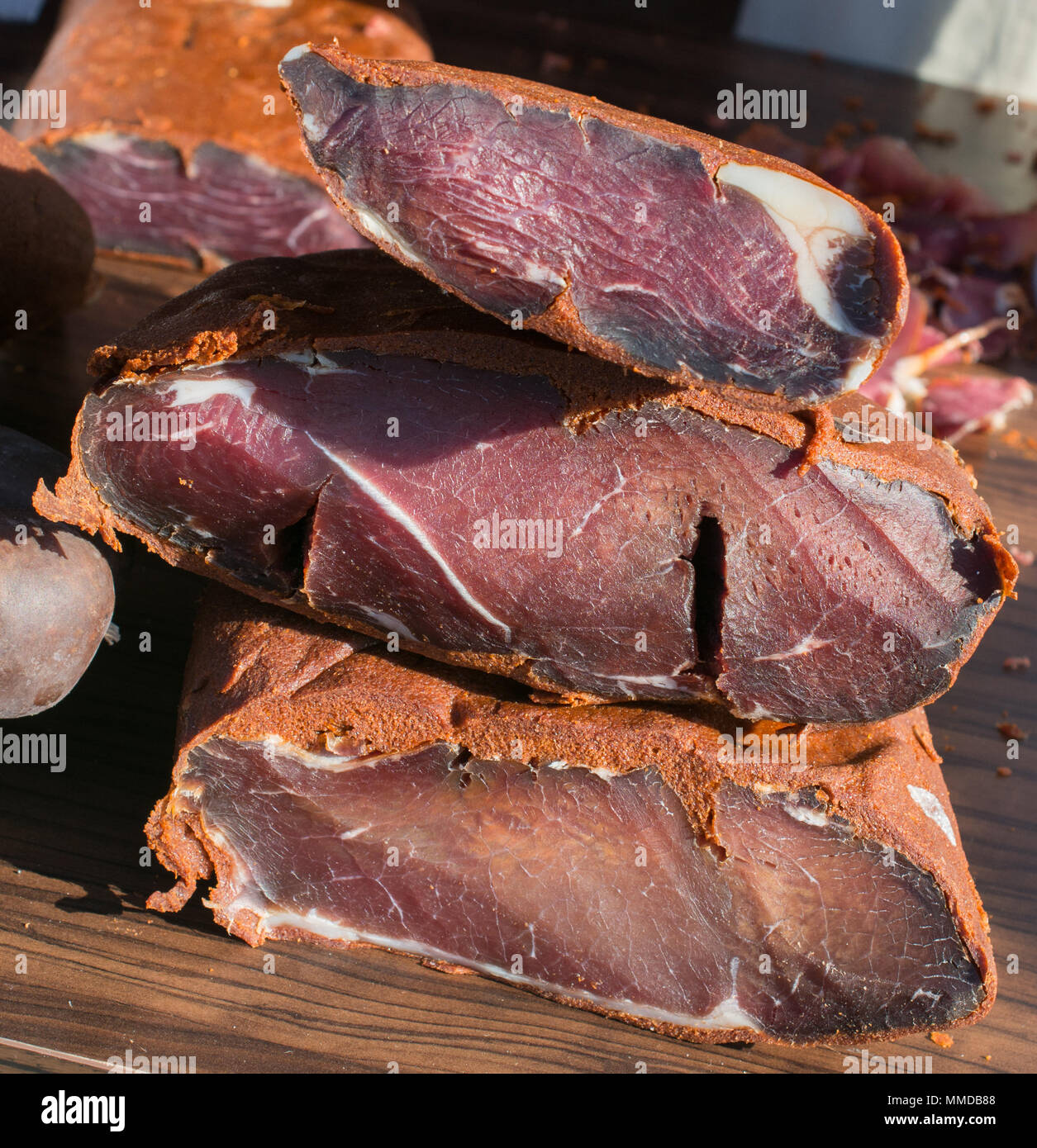 Highly seasoned, air-dried cured beef in Ottoman cuisine Stock Photo ...