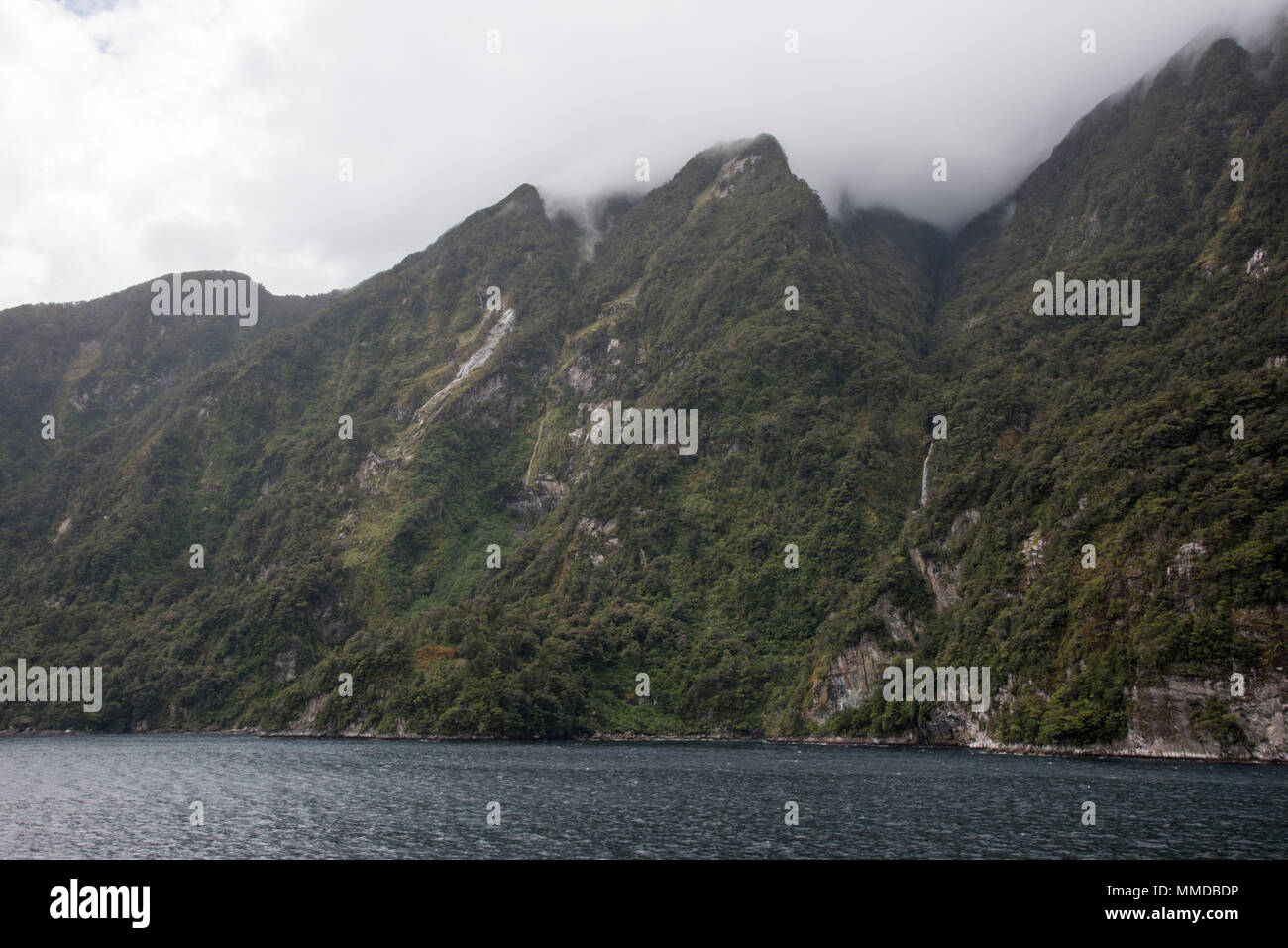 Waterfalls cascading in the lush mountain greenery in Fiordland ...