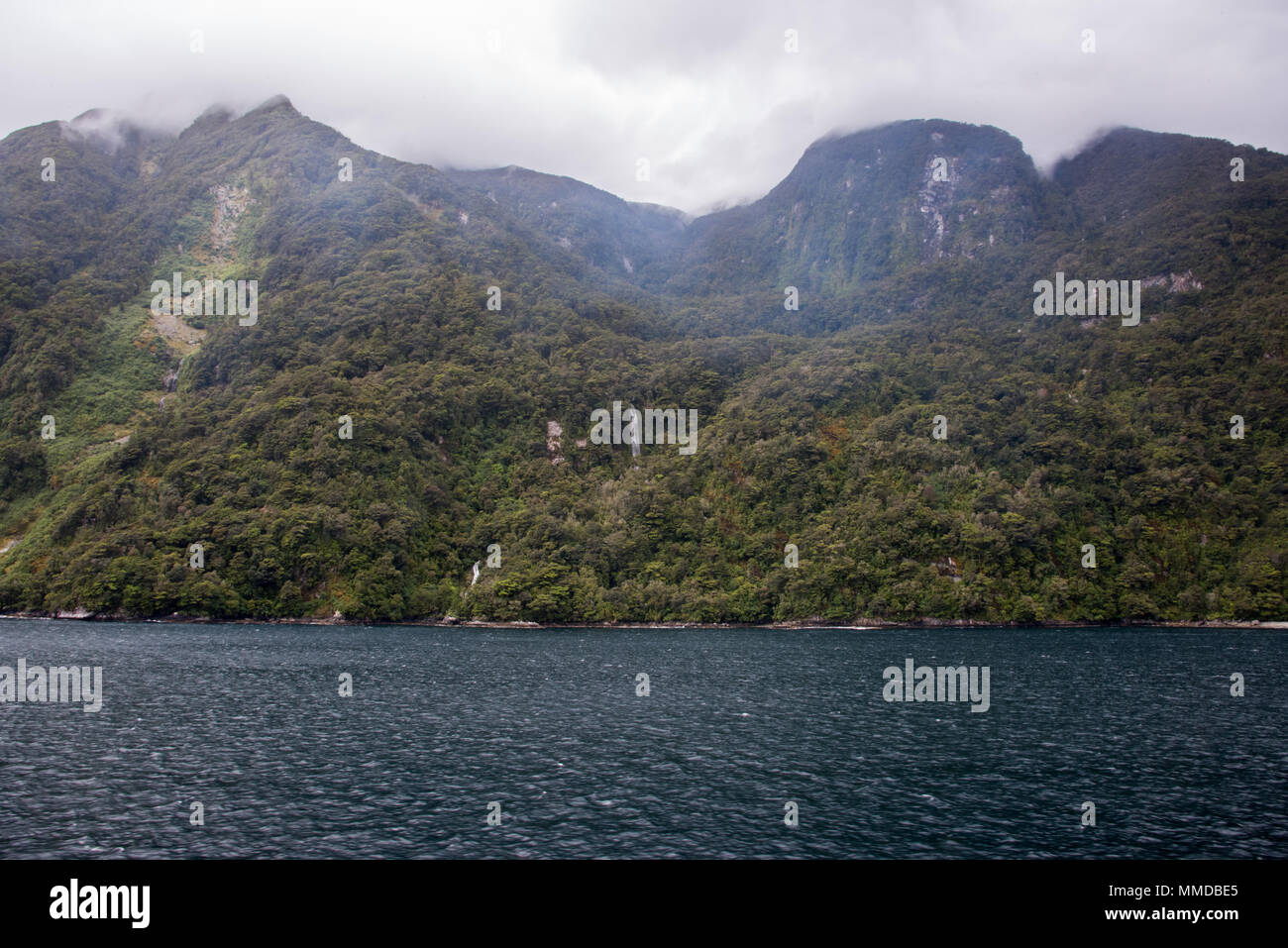 Waterfalls cascading in the lush mountain greenery in Fiordland ...