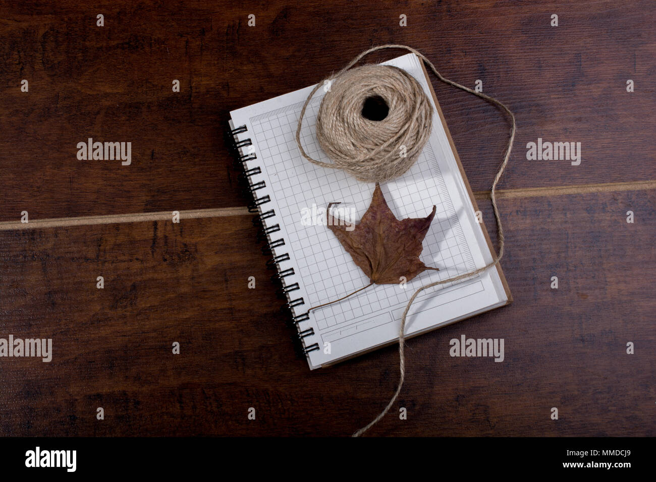 Notebook, leaf and spool string on brown background Stock Photo - Alamy