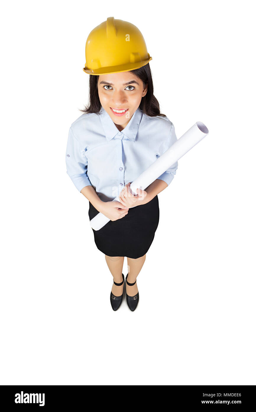 One Architect Female Holding Blueprint- Real Estate Project On White ...