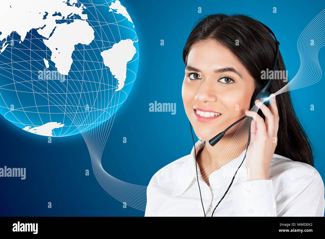 One Business Female Employee Hand Palm Showing Smiling Stock Photo - Alamy