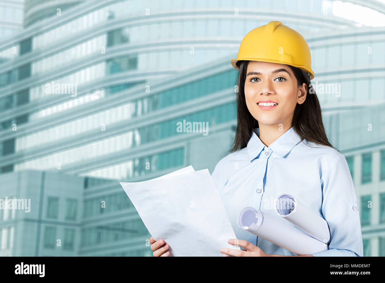 One Woman Engineer Reading Blueprint Watching Construction -Site Real ...