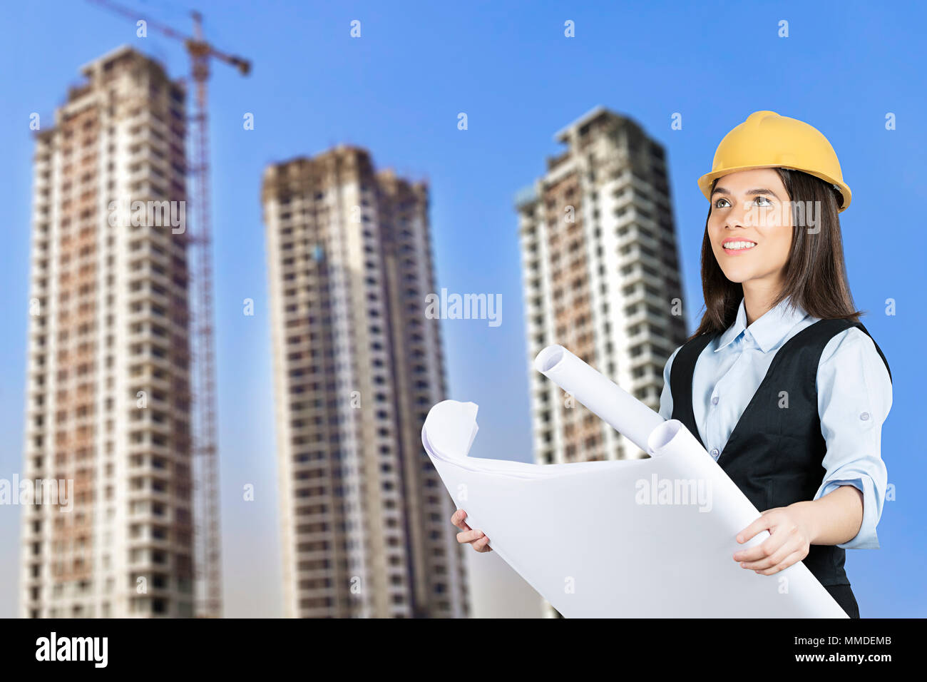 One Female Architect , Engineer Reading Map Real-estate Project ...