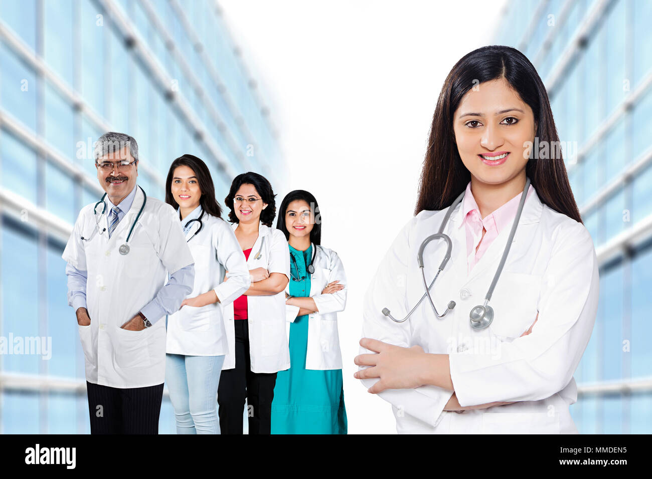 One Young Female Medical Doctor Hands In Pockets Standing Full-Length ...