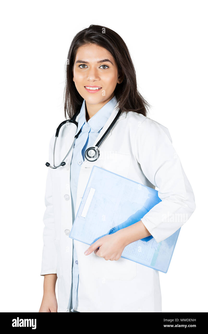 One Young Female Medical Doctor Reading Report Checking Examining Stock ...