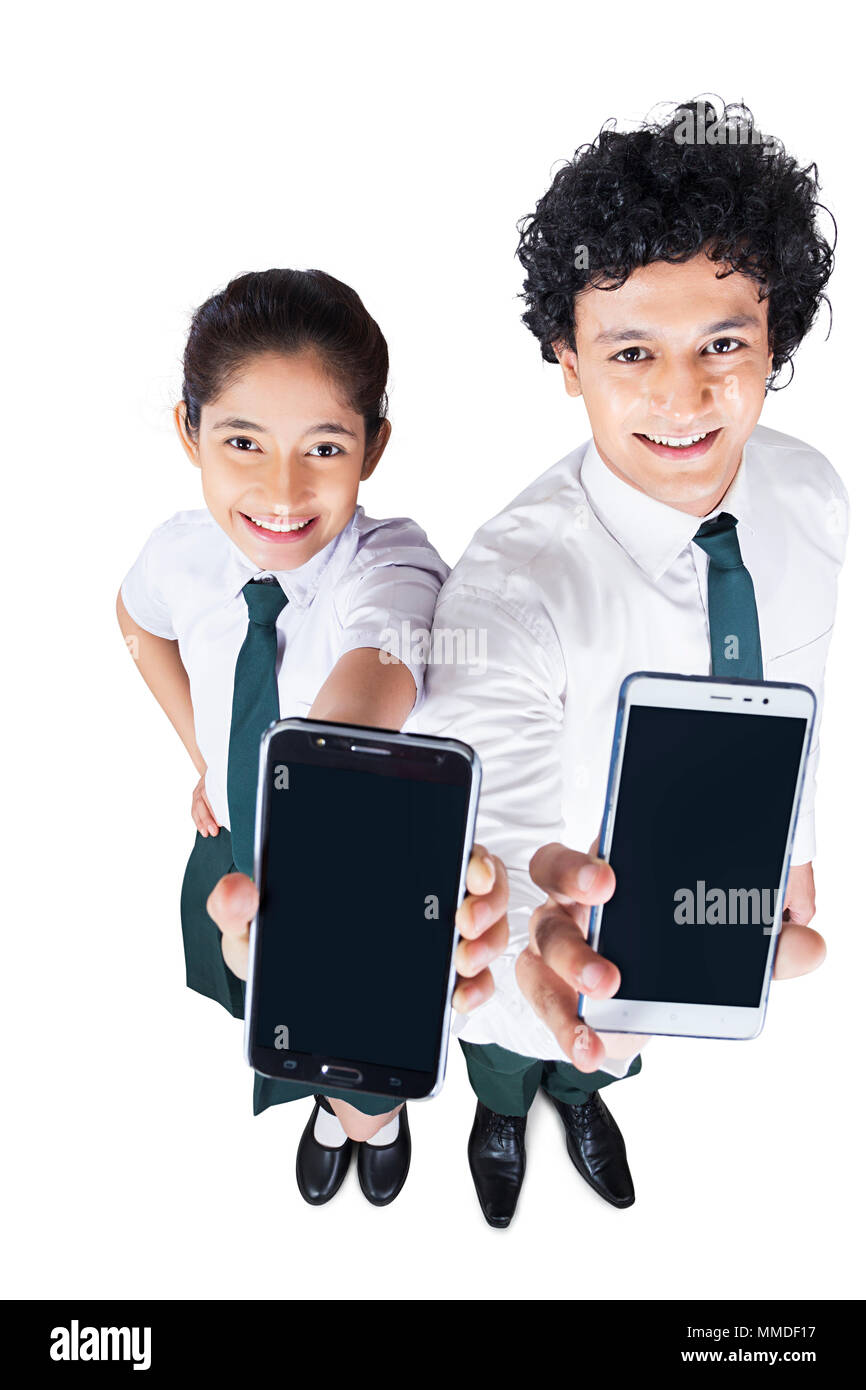 Two Young Boy, Girl School Students Friend Showing Mobile-Phone ...