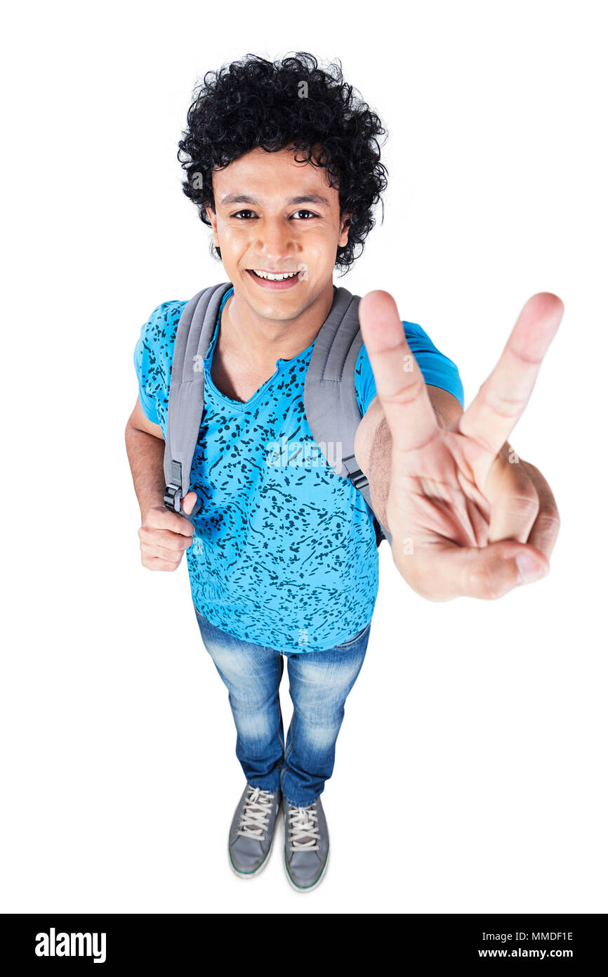 One Young Man College Student Showing V-sign victory symbol Success ...