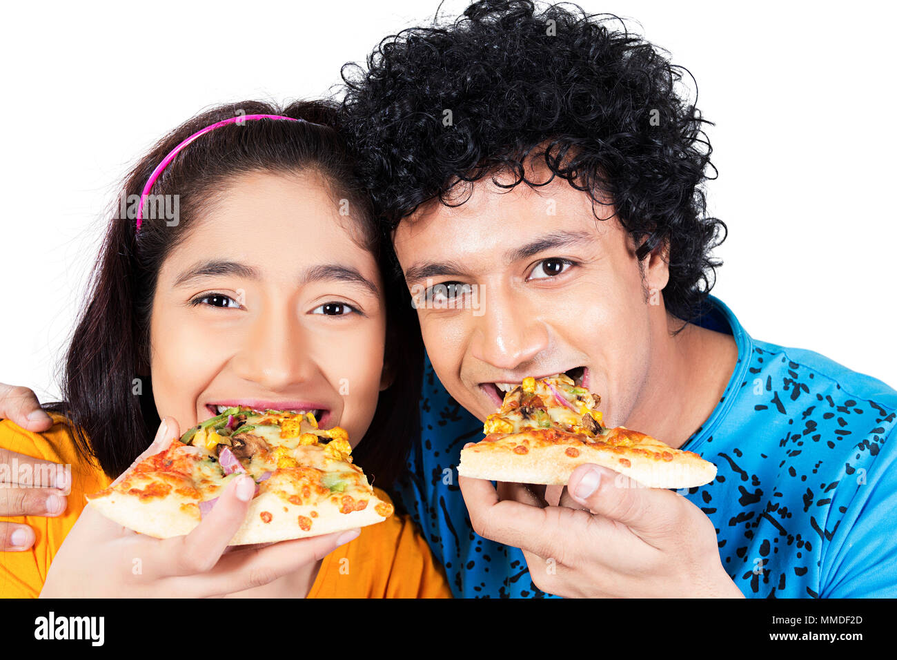 Two Young Teenage Couple Boy And Girl Eating Tasty-Pizza Together Stock ...