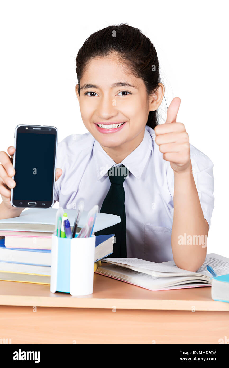One Teenage School Girl Student Showing Thumbs-up With Mobile-Phone In ...