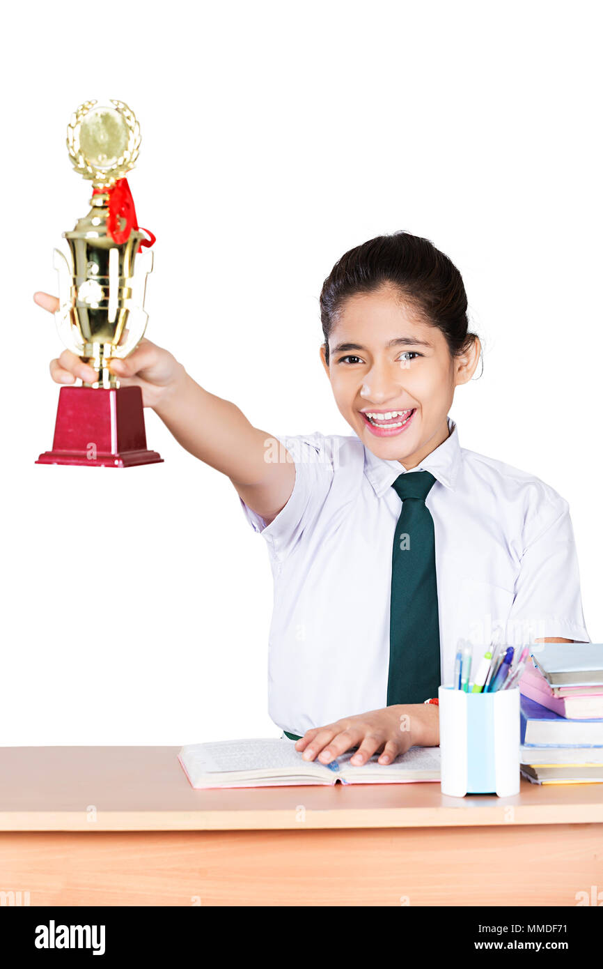 Happy One High-School Girl Student Showing Trophy Winning Success ...