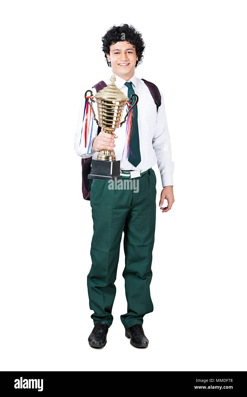 One High School Boy Student Showing Winning Trophy Success Education ...